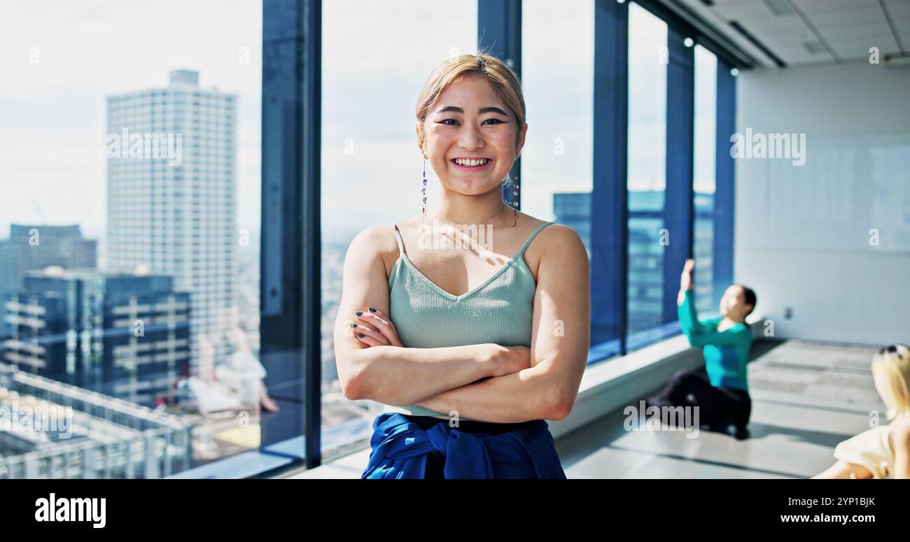 Confidence, Japanese woman and arms crossed in dance studio for ...