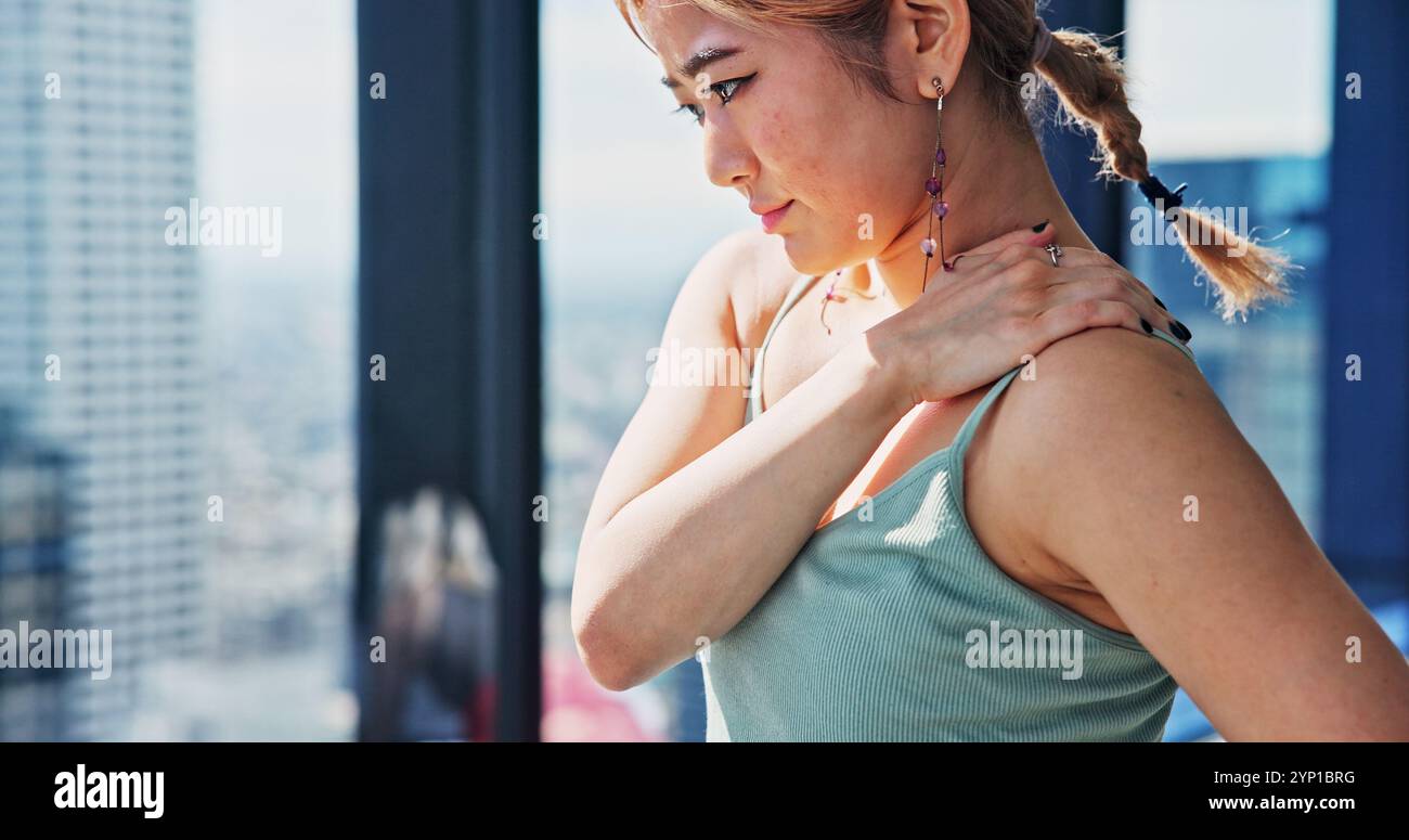 Woman, fitness and stress in studio with neck pain, muscle tension and ...