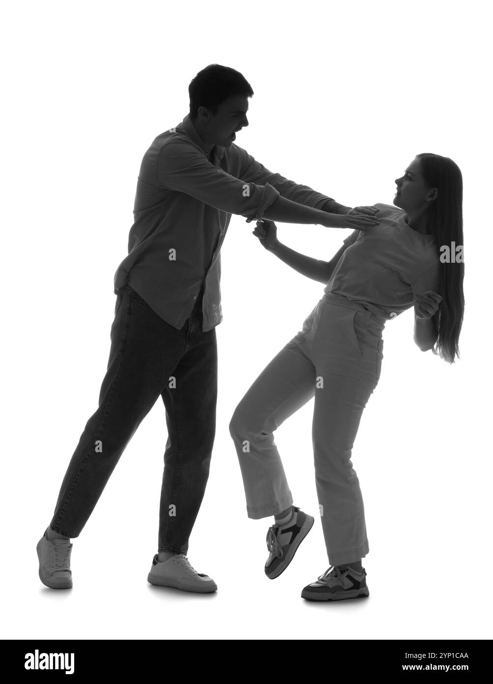 Silhouette of angry man beating woman on white background. Domestic ...