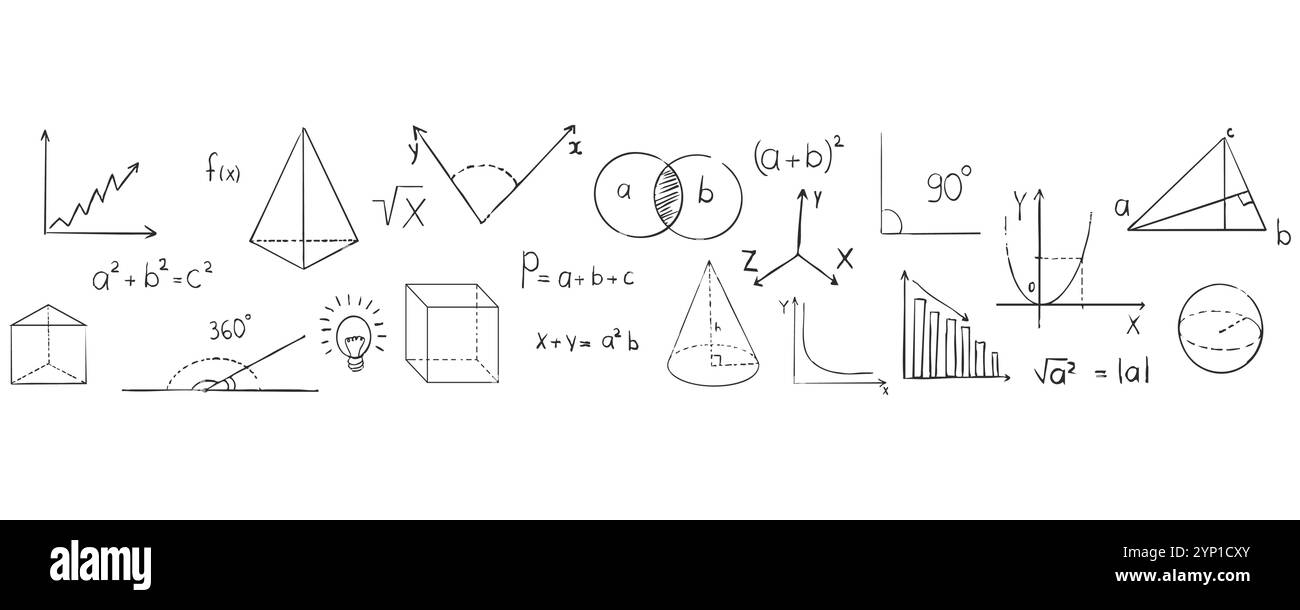 Math doodle hand drawn border, with formula, geometric shapes, chalk texture. School science ...