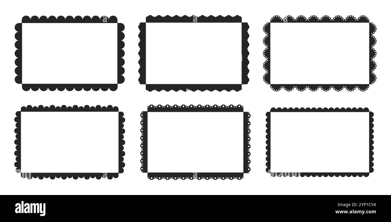 Scalloped border curve lace frame set. Silhouette frilly figure, stamp ...