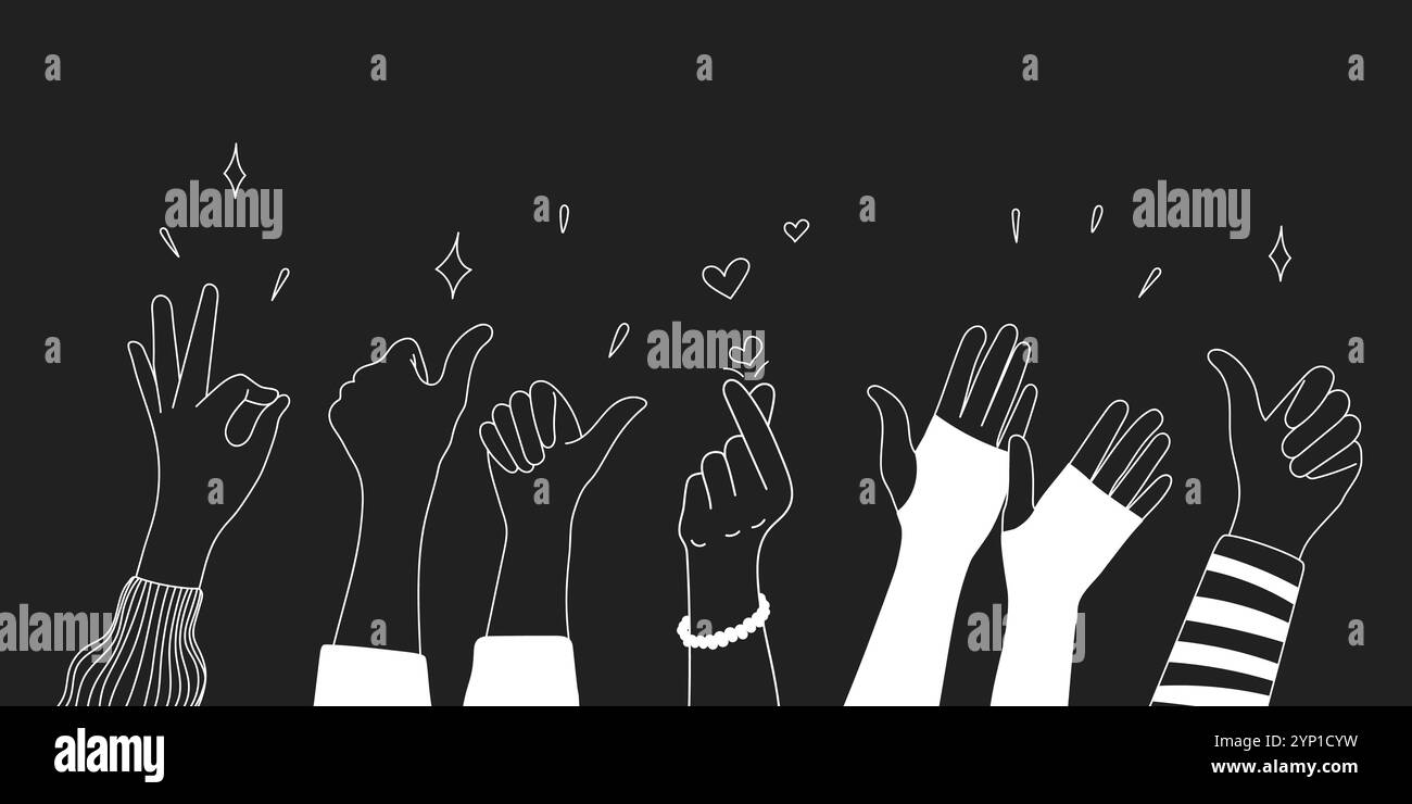 Doodle sketch hands up gestures comic icons silhouettes vector set ...