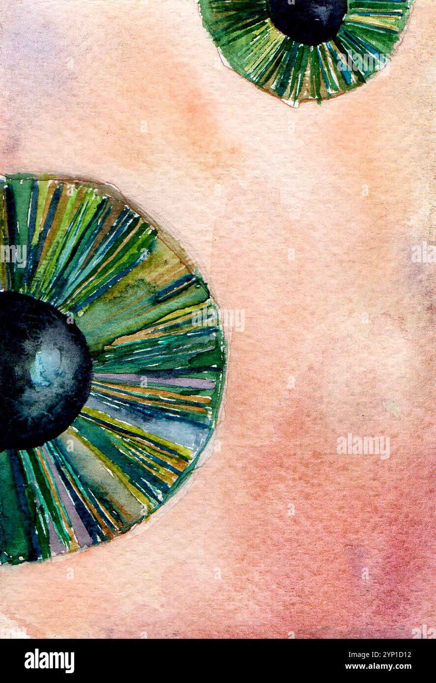 Eyes. Abstract watercolor. Two green irises of different sizes ...