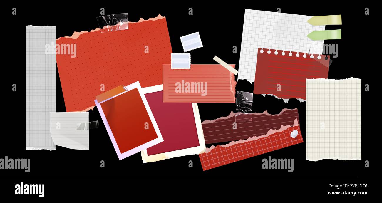 Red note paper with rip edge. Torn newspaper page frame. Old strip card ...