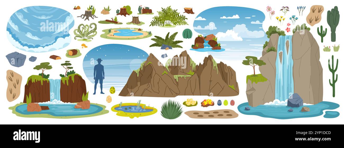 Jurassic dinosaur era environment game asset. Plants and trees, rock ...