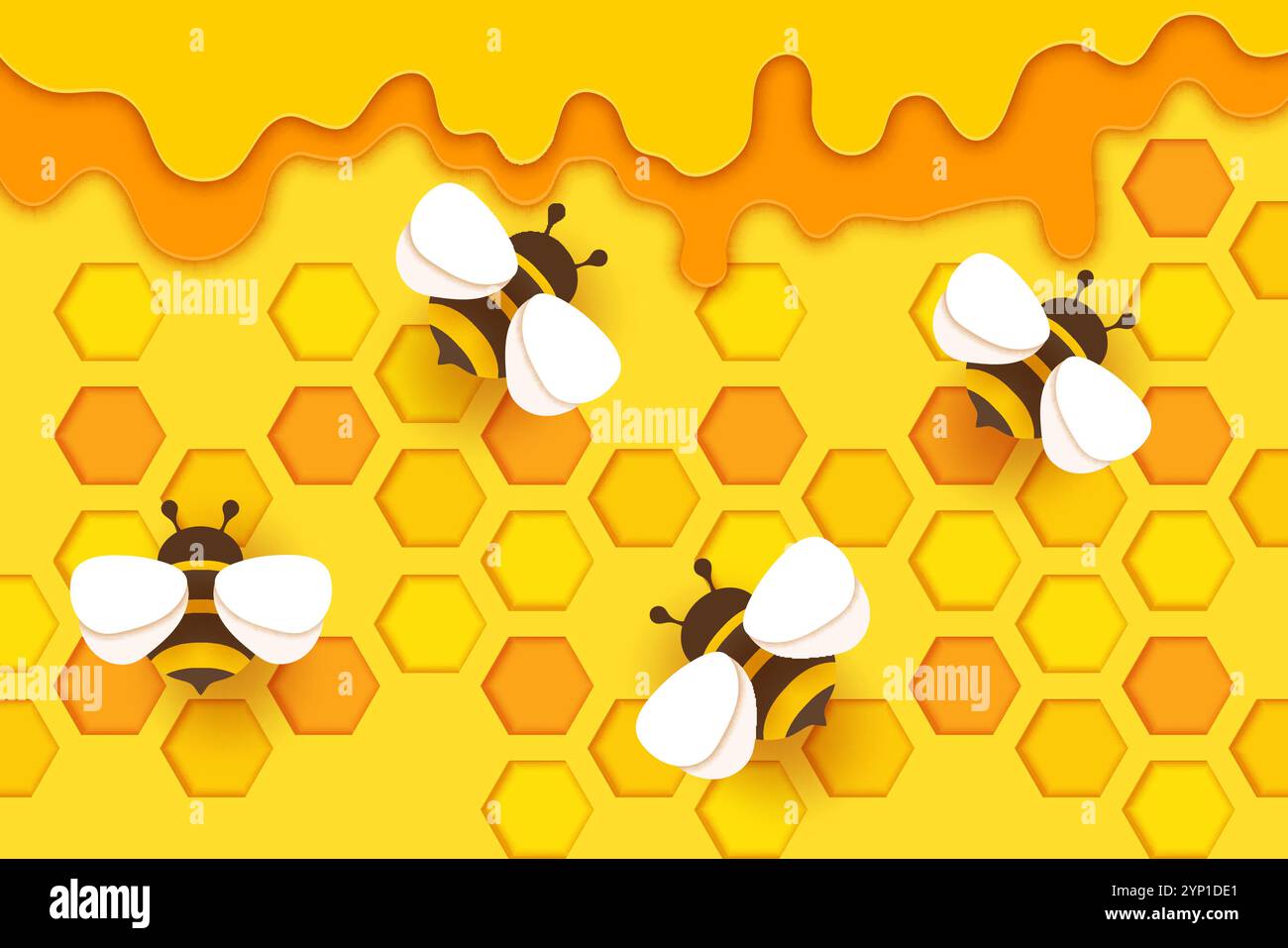 Paper cut honeycombs and honey bee vector background. Hive combs and ...