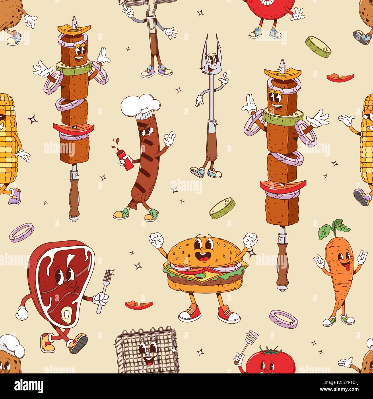Groovy barbeque characters, bbq grill personages pattern. Vector ...