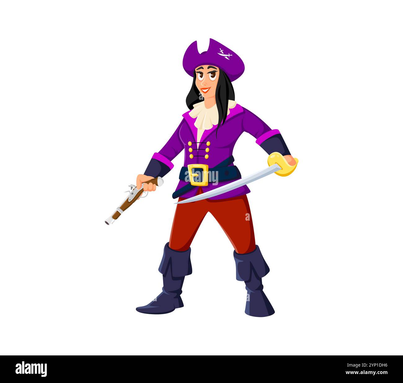 Cartoon woman pirate, privateer sailor comical character. Caribbean pirate lady bandit cheerful ...