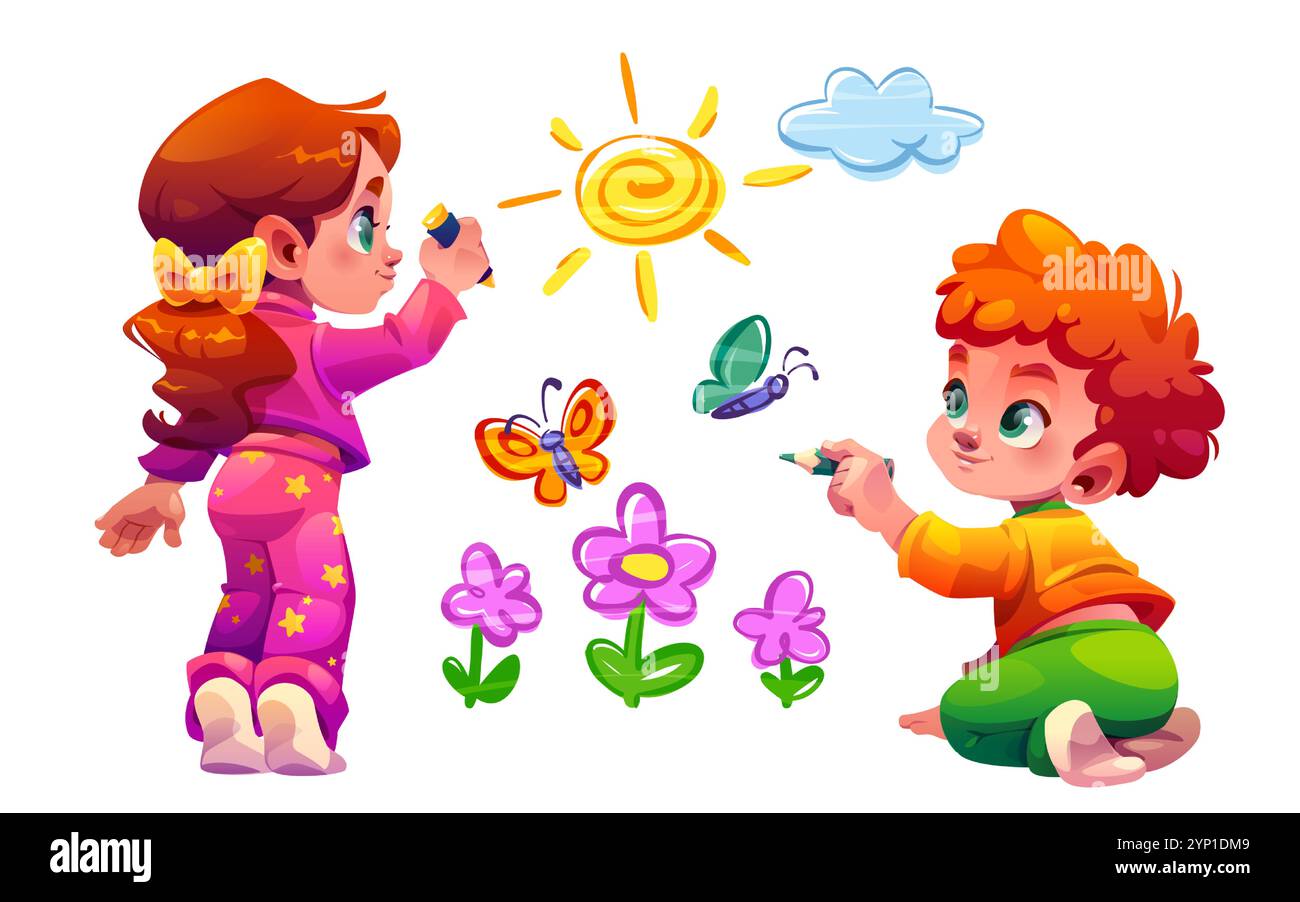 Children doodle crayon on wall in kindergarten. School kid character ...