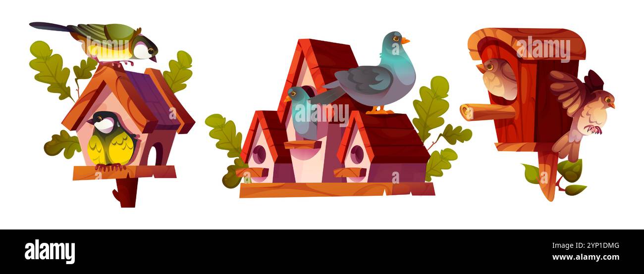Cute bird house cartoon. Sparrow and pigeon home for garden isolated ...