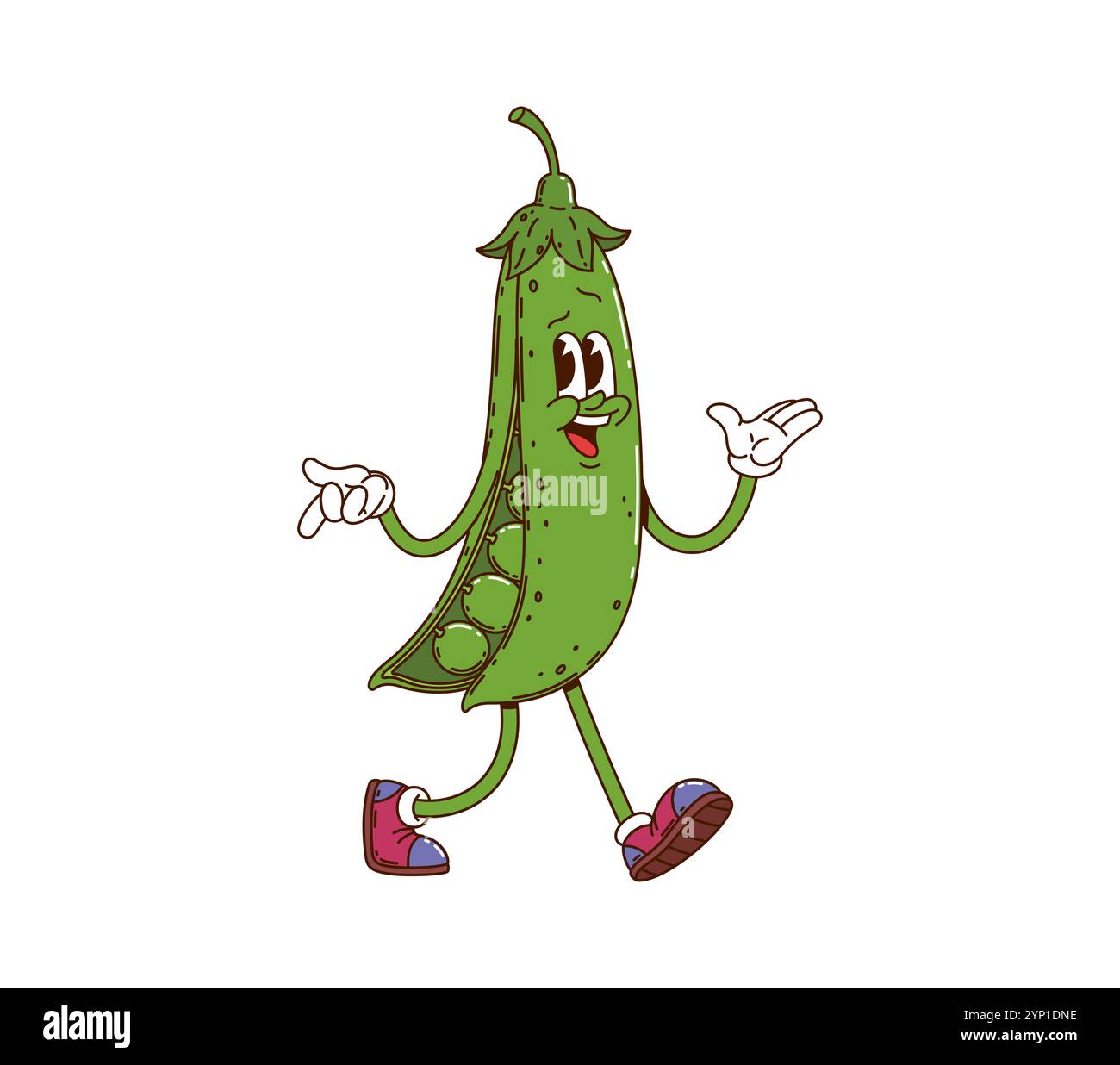 Cartoon groovy green pea vegetable character. Isolated vector green pod ...