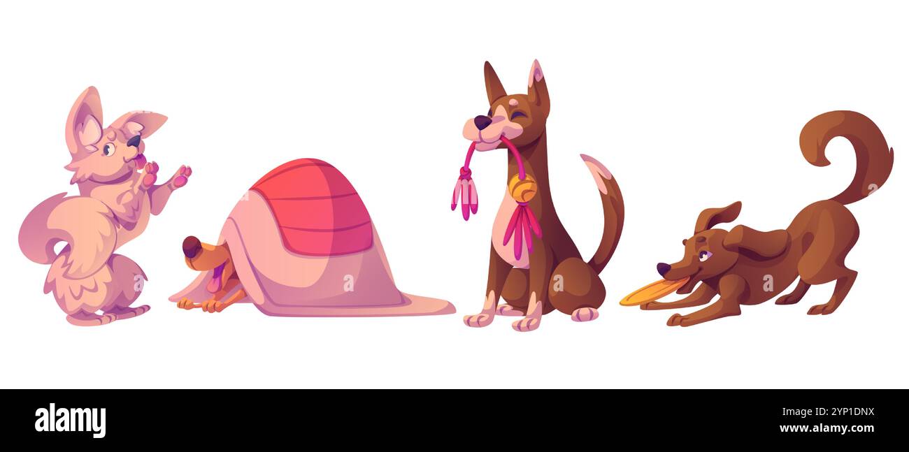 Cartoon illustration showing different canine behaviors. Pink furry pup ...