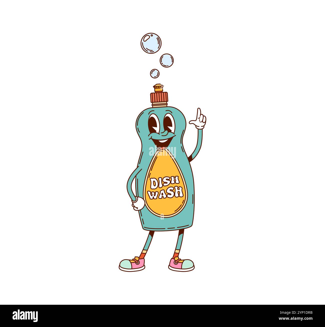 Groovy dish wash bottle household character. Cartoon vector liquid for ...