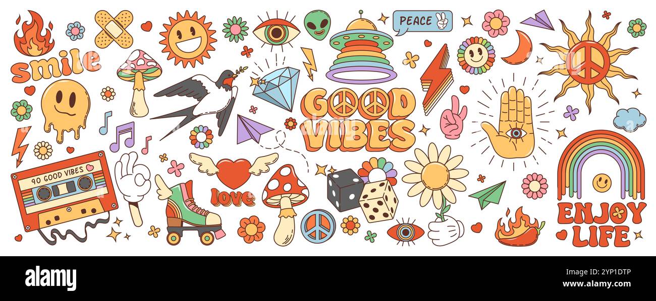 Groovy cartoon retro symbols in 70s hippie art, vector funky icons. 70s ...