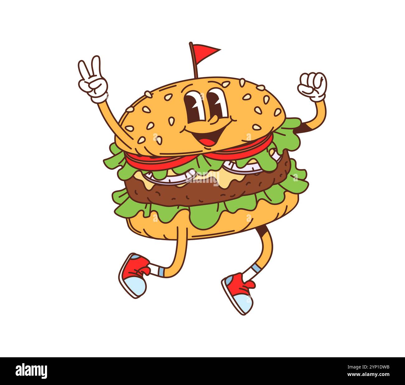 Cartoon groovy fast food cheeseburger character. Fast food cafe burger ...