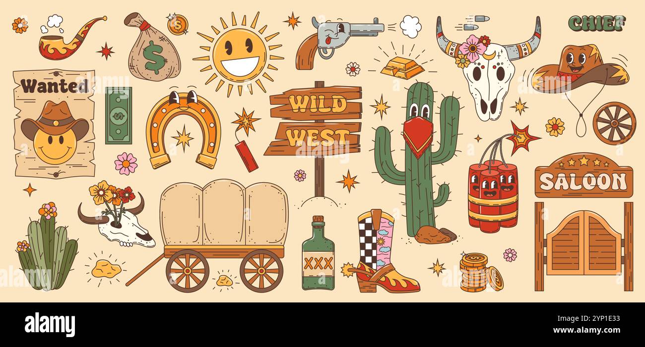 Wild West Western groovy characters and items. Cartoon funny cowboy hat ...