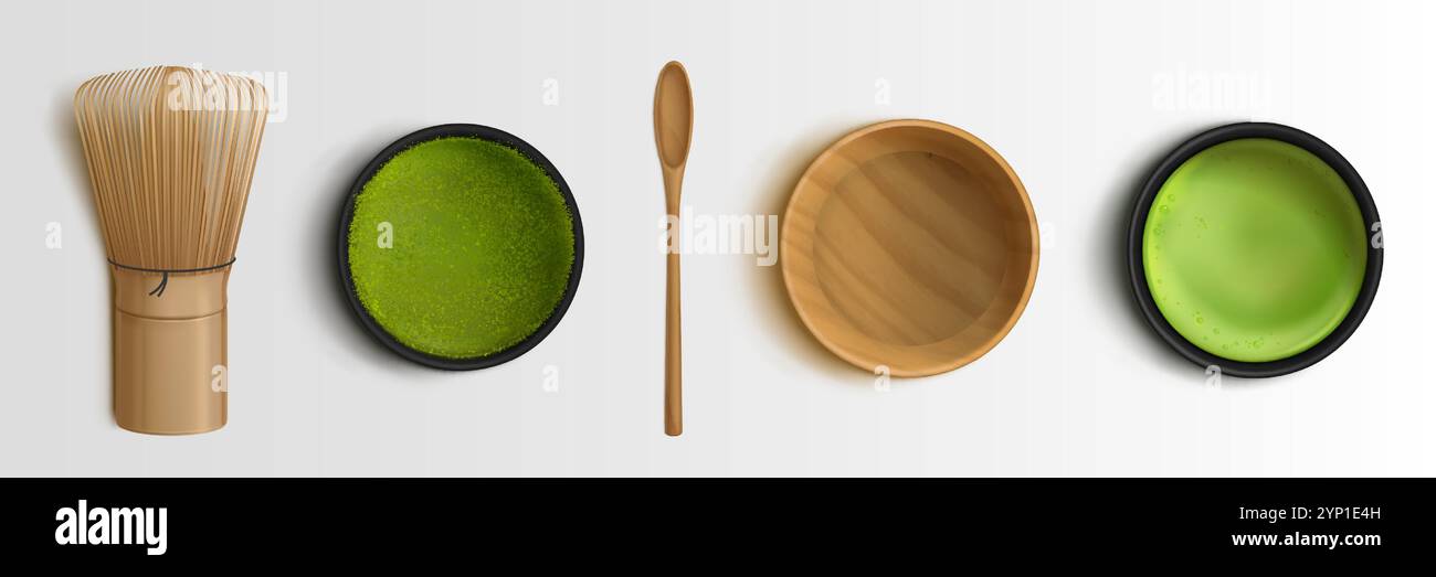Traditional matcha set with bamboo whisk, wooden spoon, empty bowl and ...