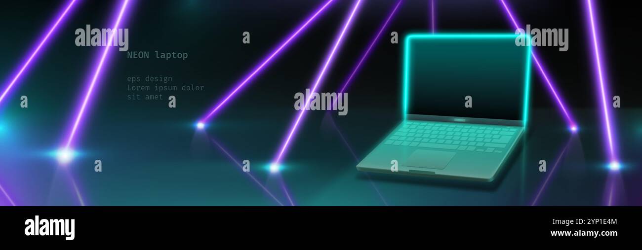 Neon laptop and laser beams on black background. Vector realistic ...