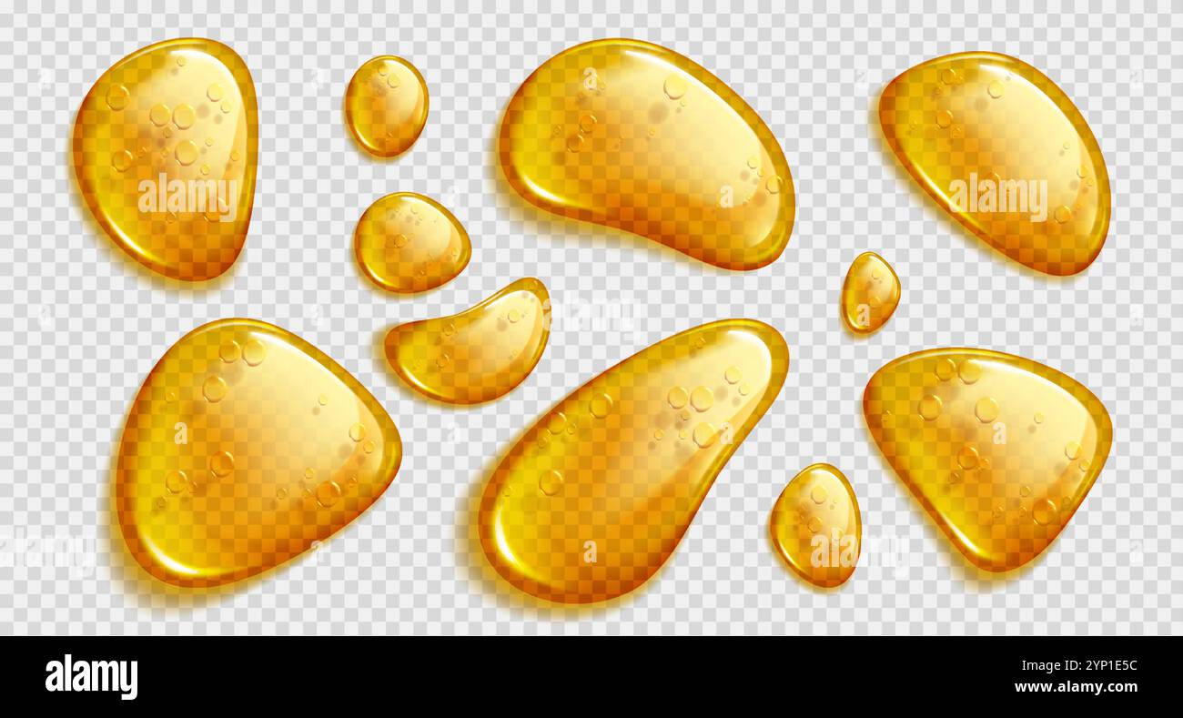 Transparent golden liquid droplets with glossy surface and light ...