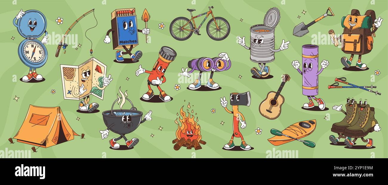 Retro cartoon groovy travel characters vector set. Camping and hiking ...