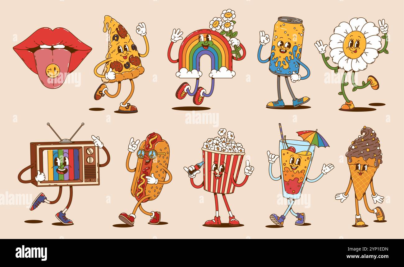 Cartoon retro groovy characters, soda can and pizza, ice cream and hot ...