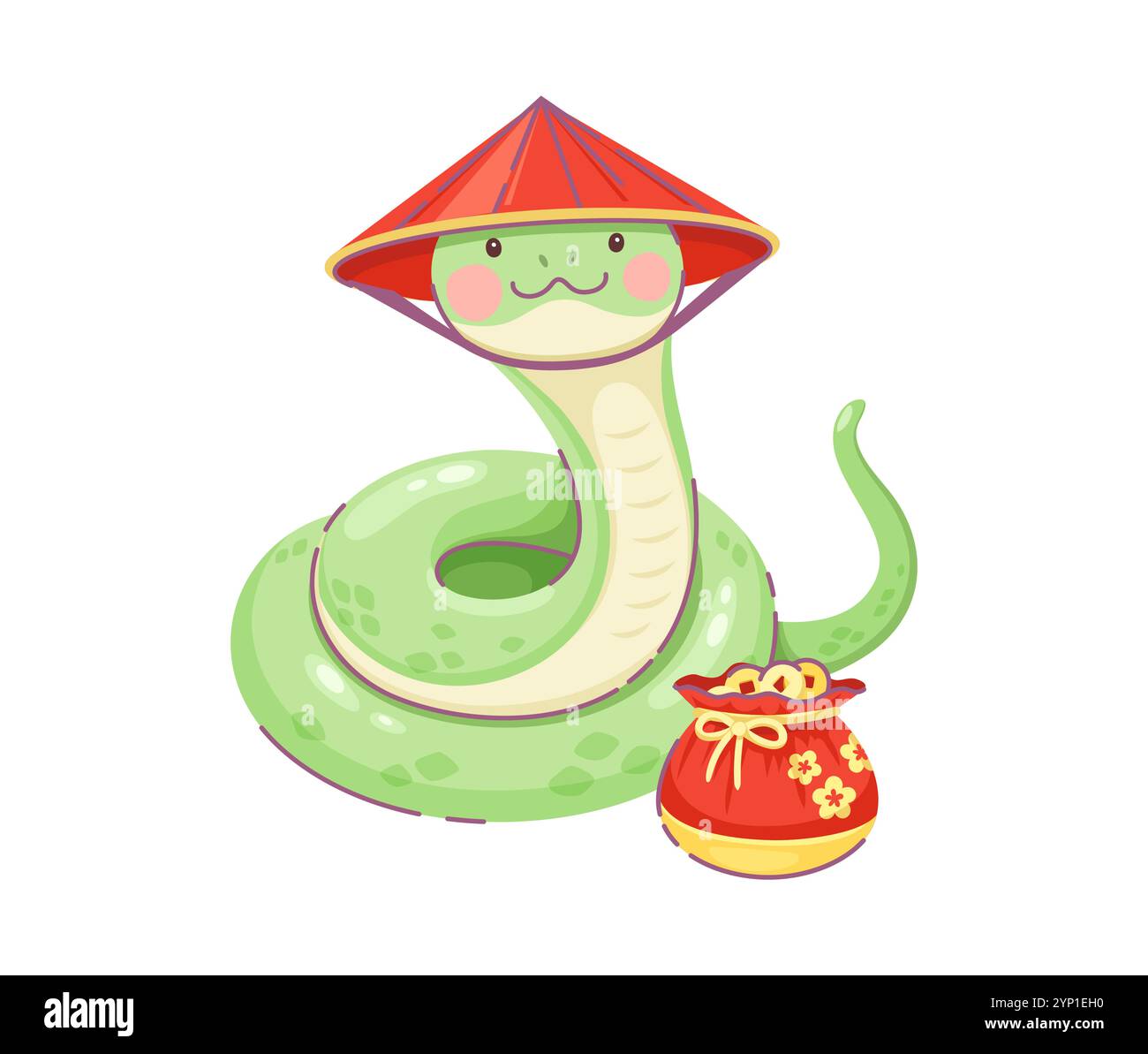 Cartoon snake character with traditional Asian conical hat sitting next ...