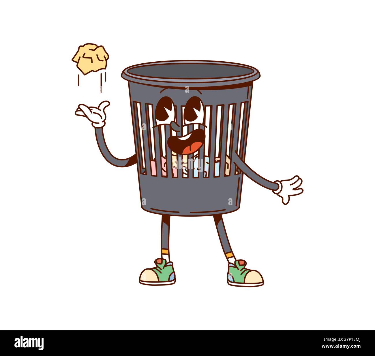 Groovy trash bin cleaning and household cartoon character with playful ...