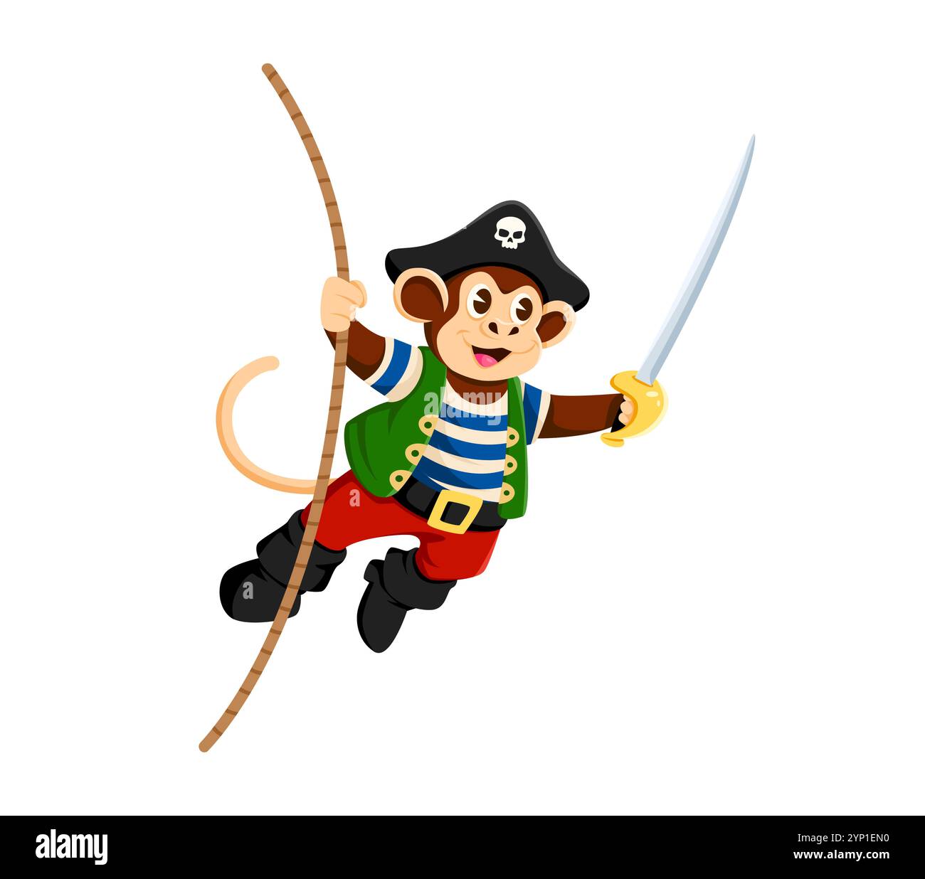 Cartoon monkey pirate and corsair animal character riding a rope with ...