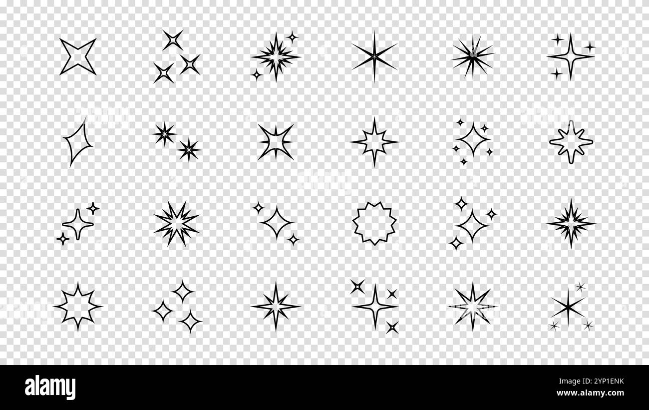 Set of star sparkle shapes with neon glow. Abstract shine effect vector icons in retro ...
