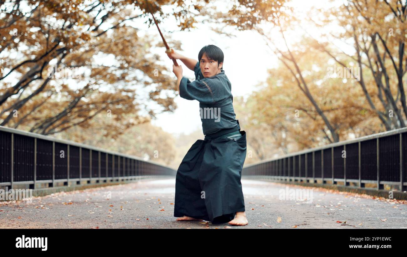 Martial arts, man and wood weapon outdoor with fight, battle and ...