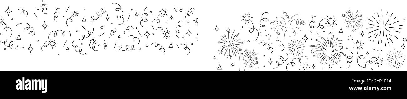 Confetti border doodle drawing. Sketch burst with ribbon dots ...