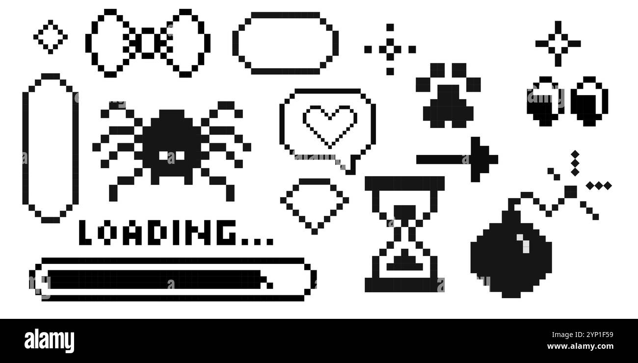 Pixxel y2k trendy elements. 8 bit groovy stickers, borders, decorations ...