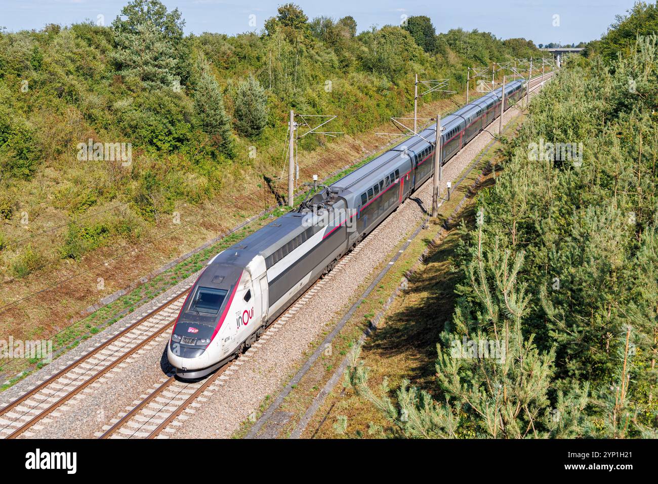 Moeglingen, Germany - July 28, 2024: TGV Duplex by SNCF on high-speed train railway line ...