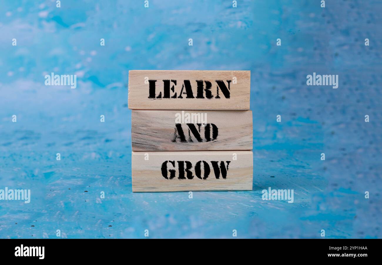 Concept words 'Learn and grow' on wooden blocks. Beautiful blue ...
