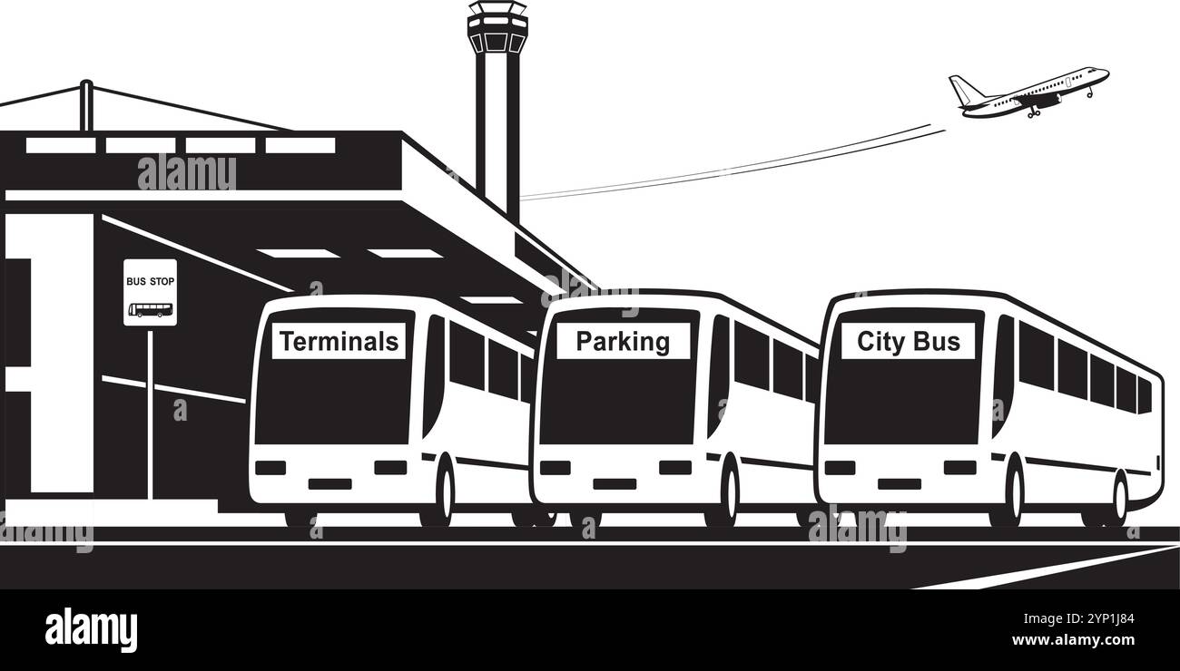 Buses from airport to terminals, city and parking - vector illustration ...