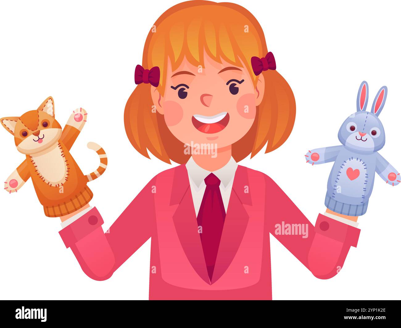 Puppet theater dolls on girl hands. Happy kid isolated on white ...