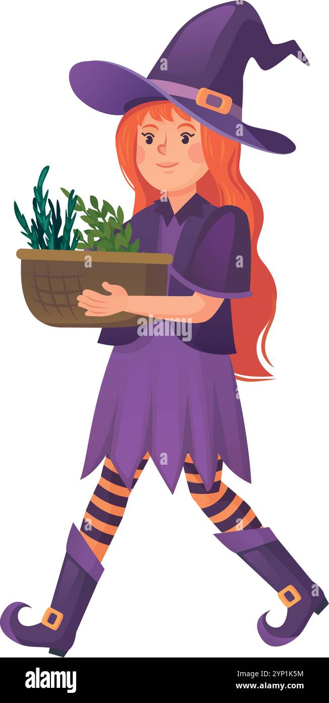 Cartoon witch with herb basket. Magic ritual equipment isolated on ...