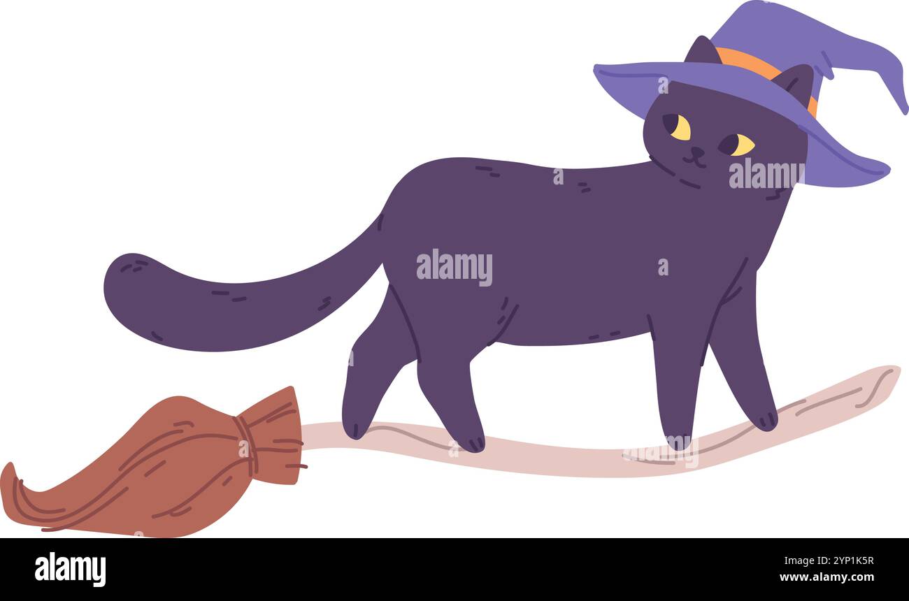 Witch cat flying on broom. Spooky kitten in magic hat isolated on white ...