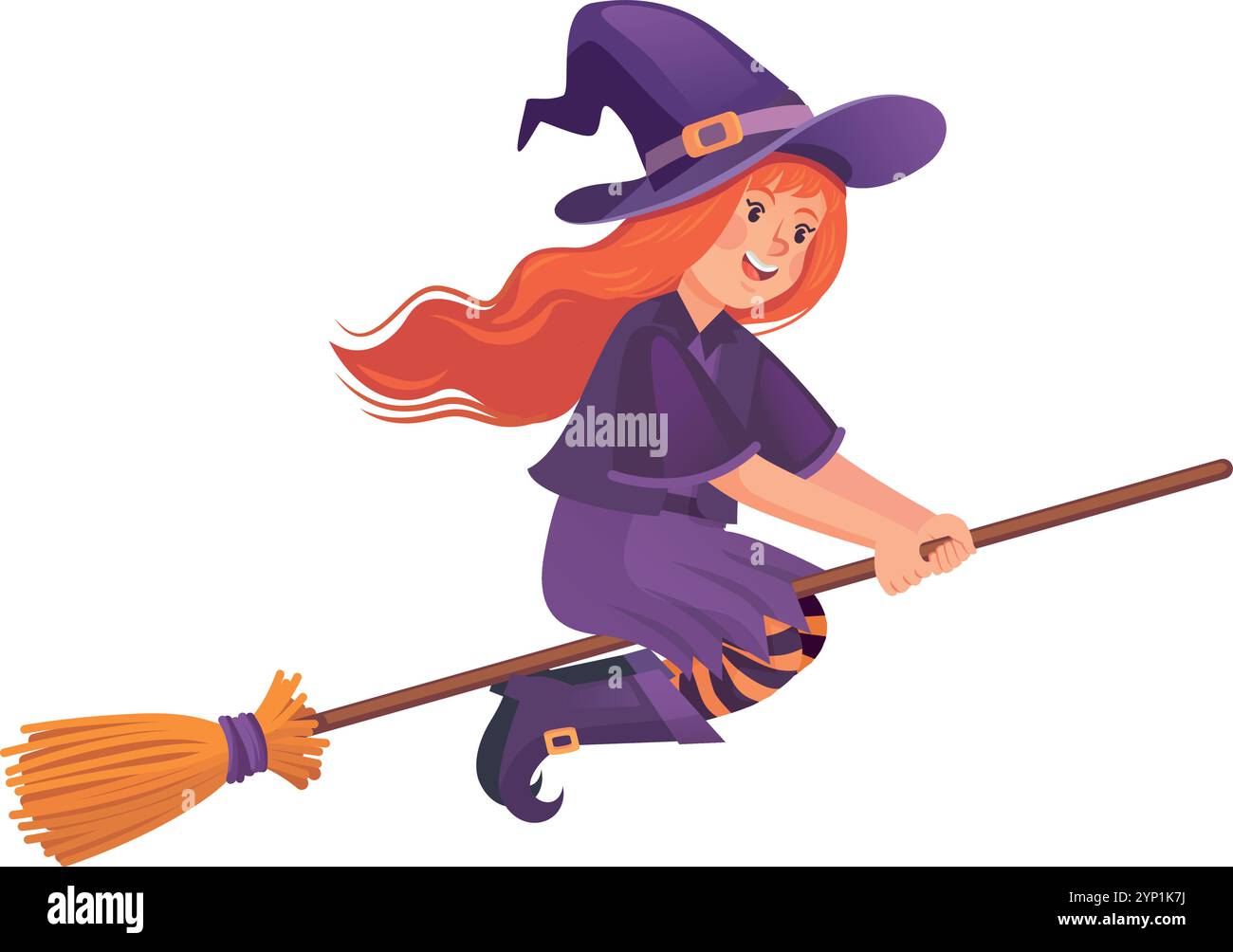 Witch flying on broom. Magic girl cartoon character isolated on white ...