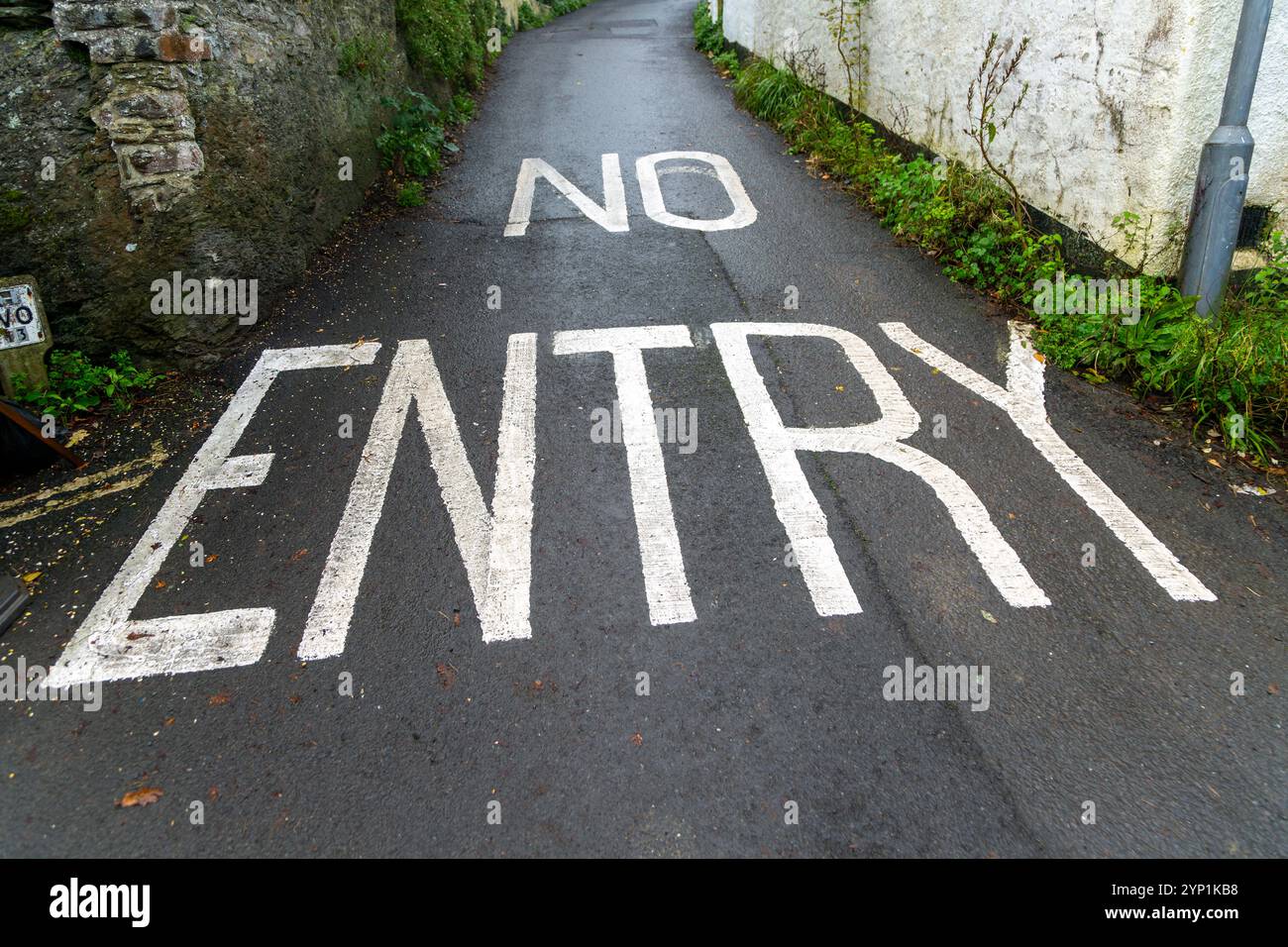 No Entry painted road sign on narrow street, Buckfastleigh, Devon ...
