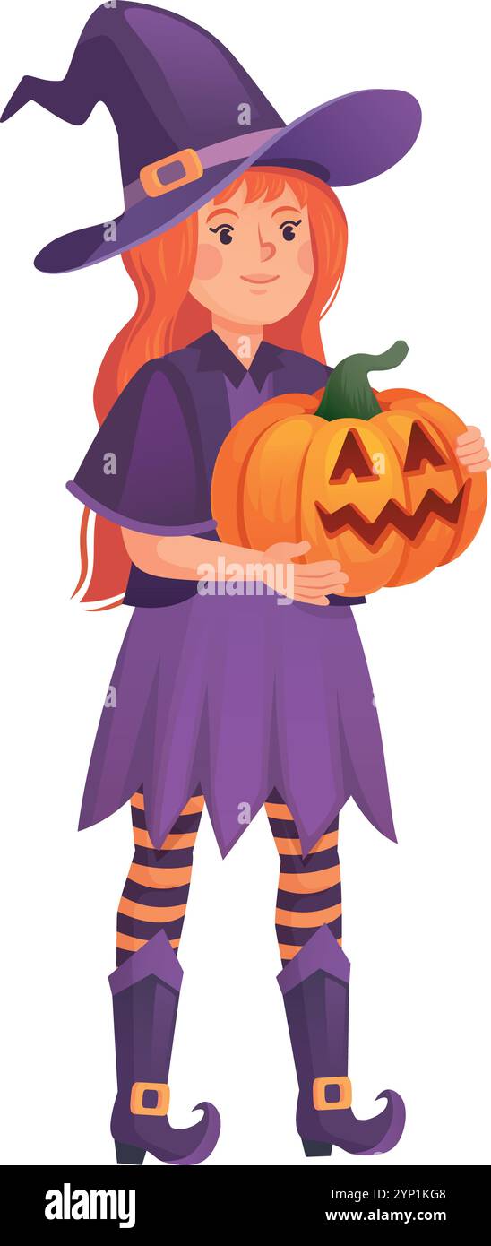 Halloween witch with cartoon pumpkin. Cute magic character isolated on ...
