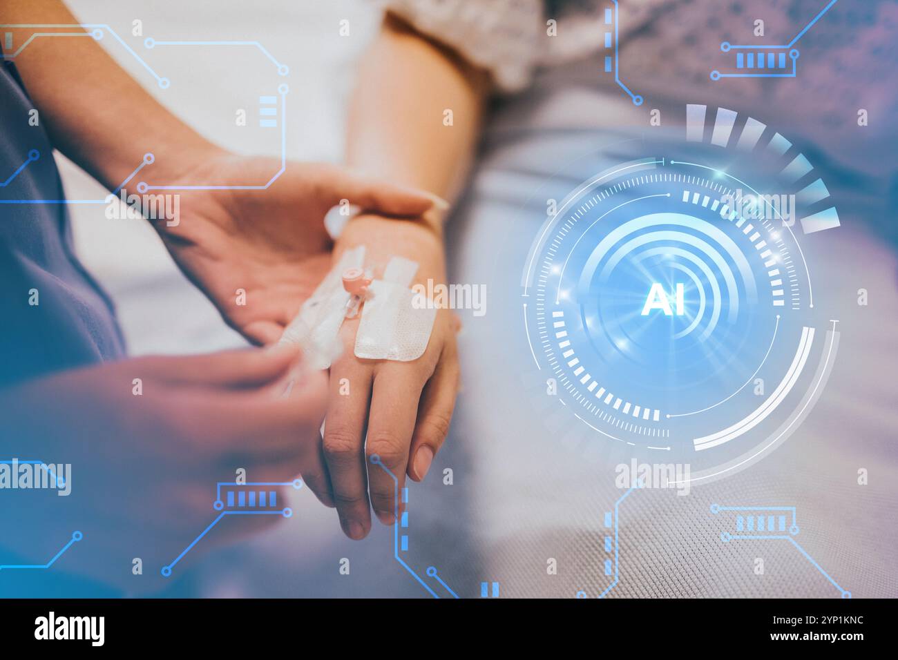 AI assistant technology in medical treatment. Patient receiving IV drip, virtual graphic ...