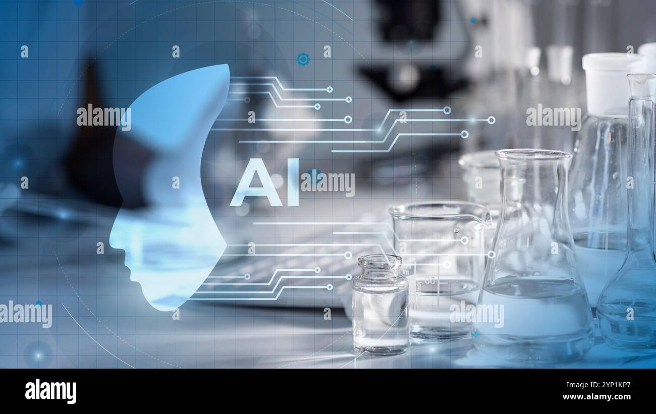 AI assistant in biotechnology science experiment. Artificial intelligence augmented reality ...