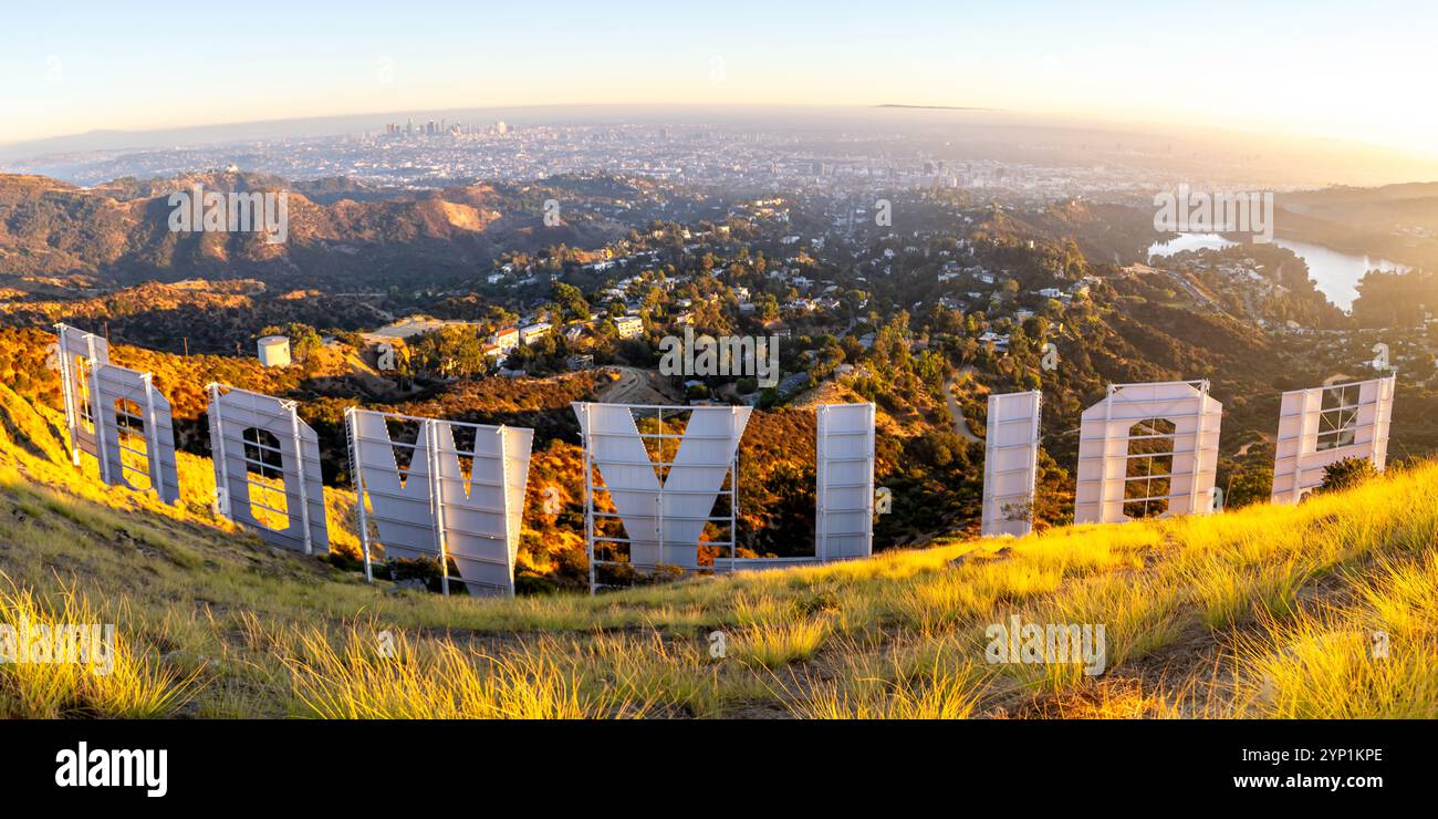 Hollywood sign at Mount Mt Lee panorama with view on Los Angeles in the ...