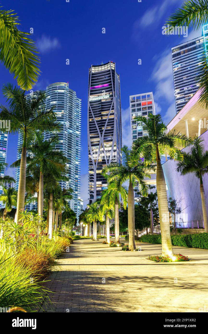 Miami skyline with skyscrapers at Maurice A. Ferré Park at night blue ...