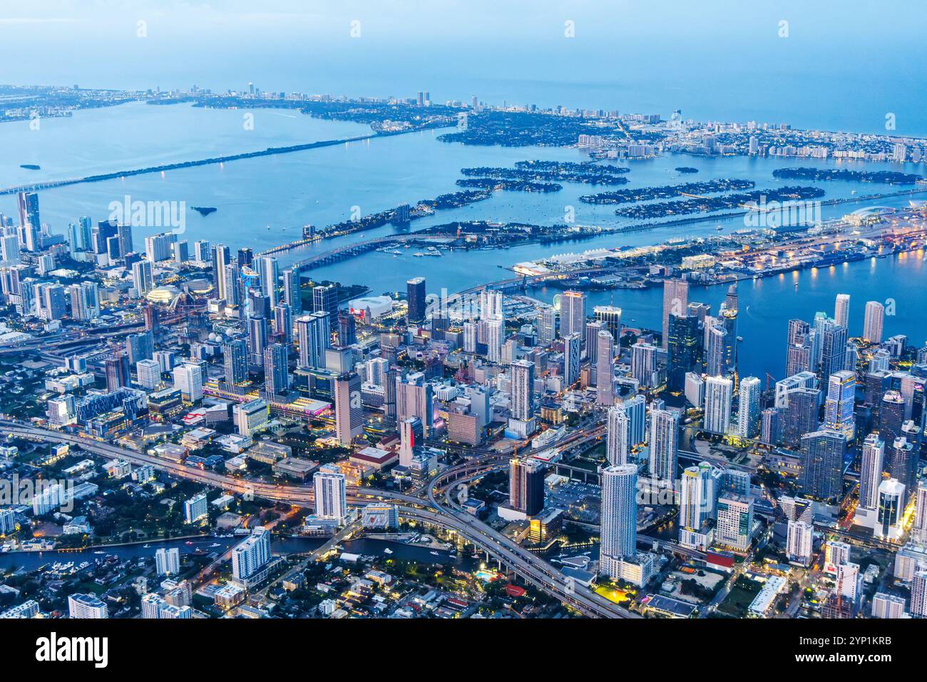 Aerial view of Miami skyline with skyscrapers at Downtown Brickell and ...
