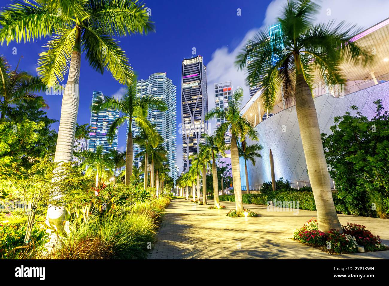 Miami skyline with skyscrapers at Maurice A. Ferré Park at blue hour ...