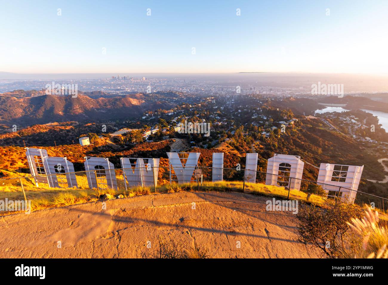 Hollywood sign at Mount Mt Lee with view on Los Angeles in the United ...