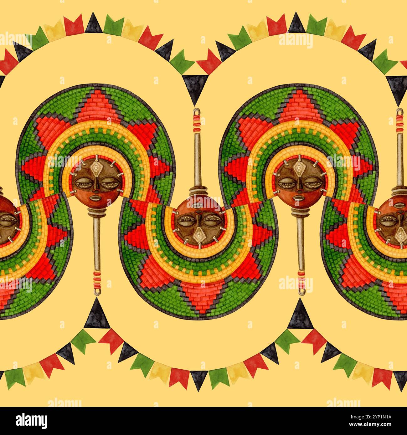 Kwanzaa seamless pattern of curved African fan and paper pennant ...