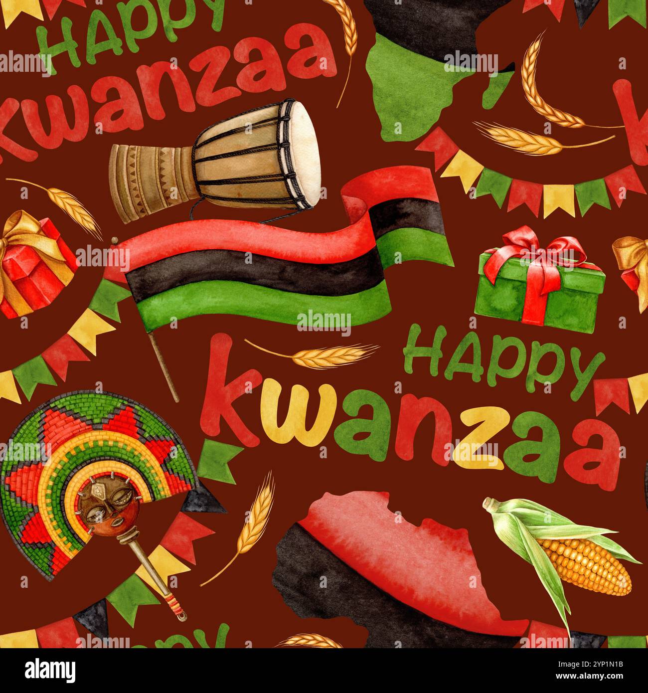 Happy Kwanzaa seamless pattern of Pan African flag, map and drum with ...